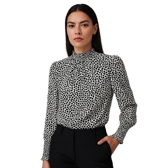Primark | Tops | Primark Black White Animal Print Ruffle Neck Long ...